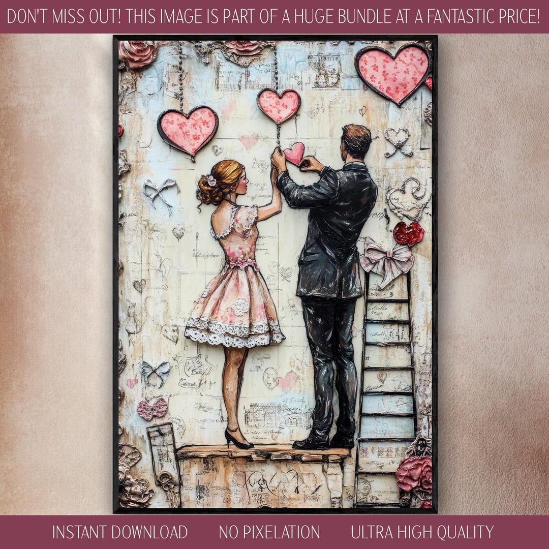 Romantic Couple Painting Mural Digital Download Print Whimsical Vintage ...