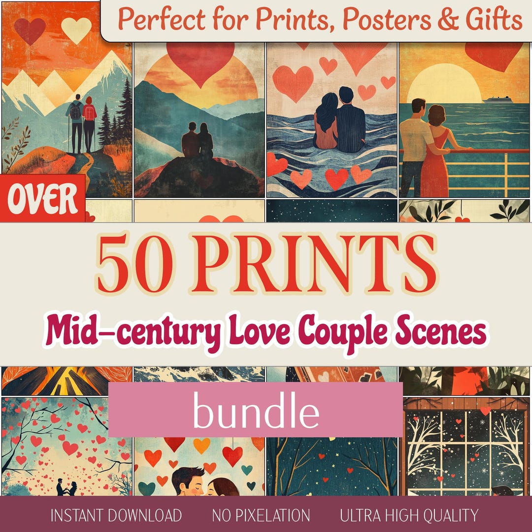 50+ Images Mid-century Modern Love Scenes Digital Print Bundle Romantic ...