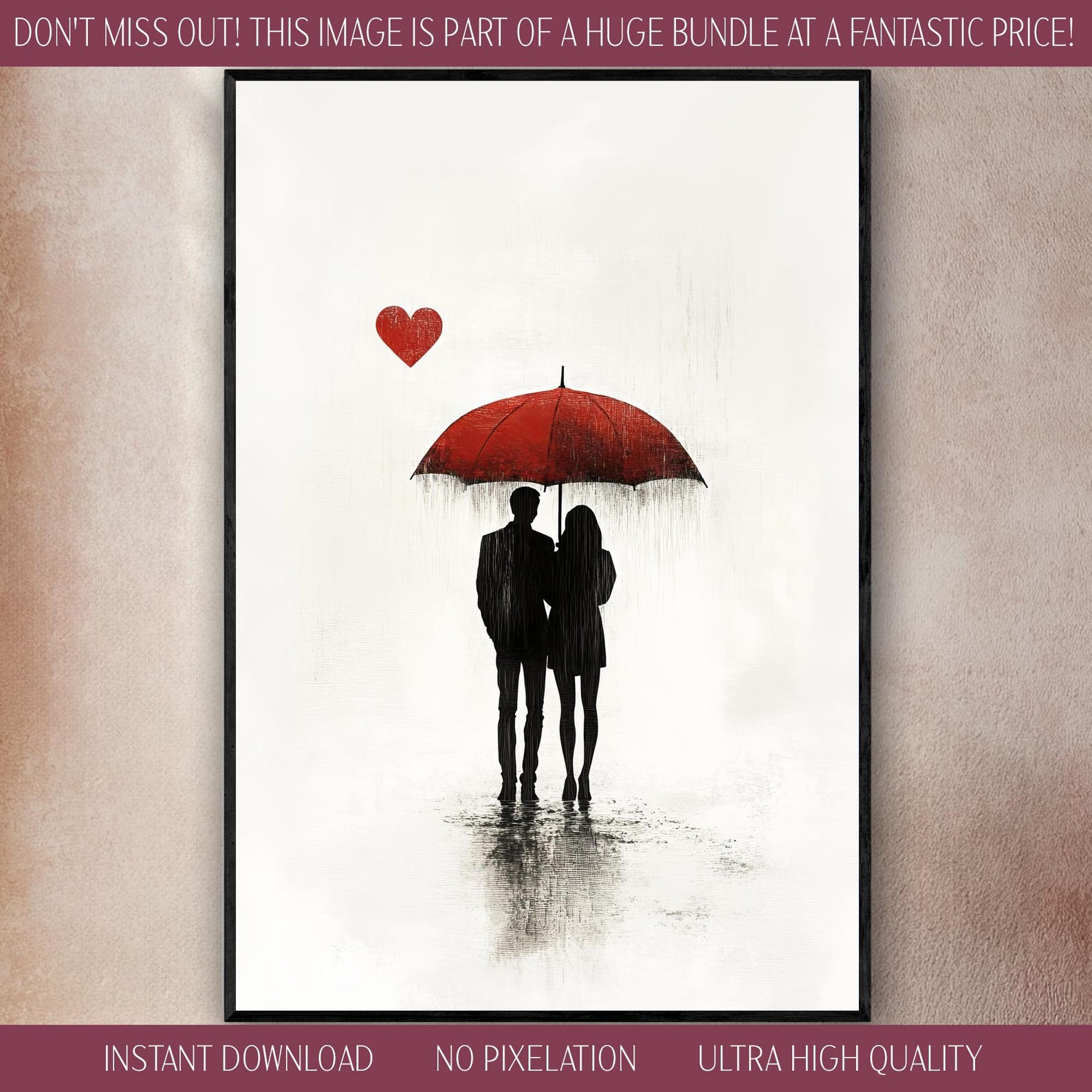 Romantic Couple Under Red Umbrella Digital Download Print Minimalistic ...