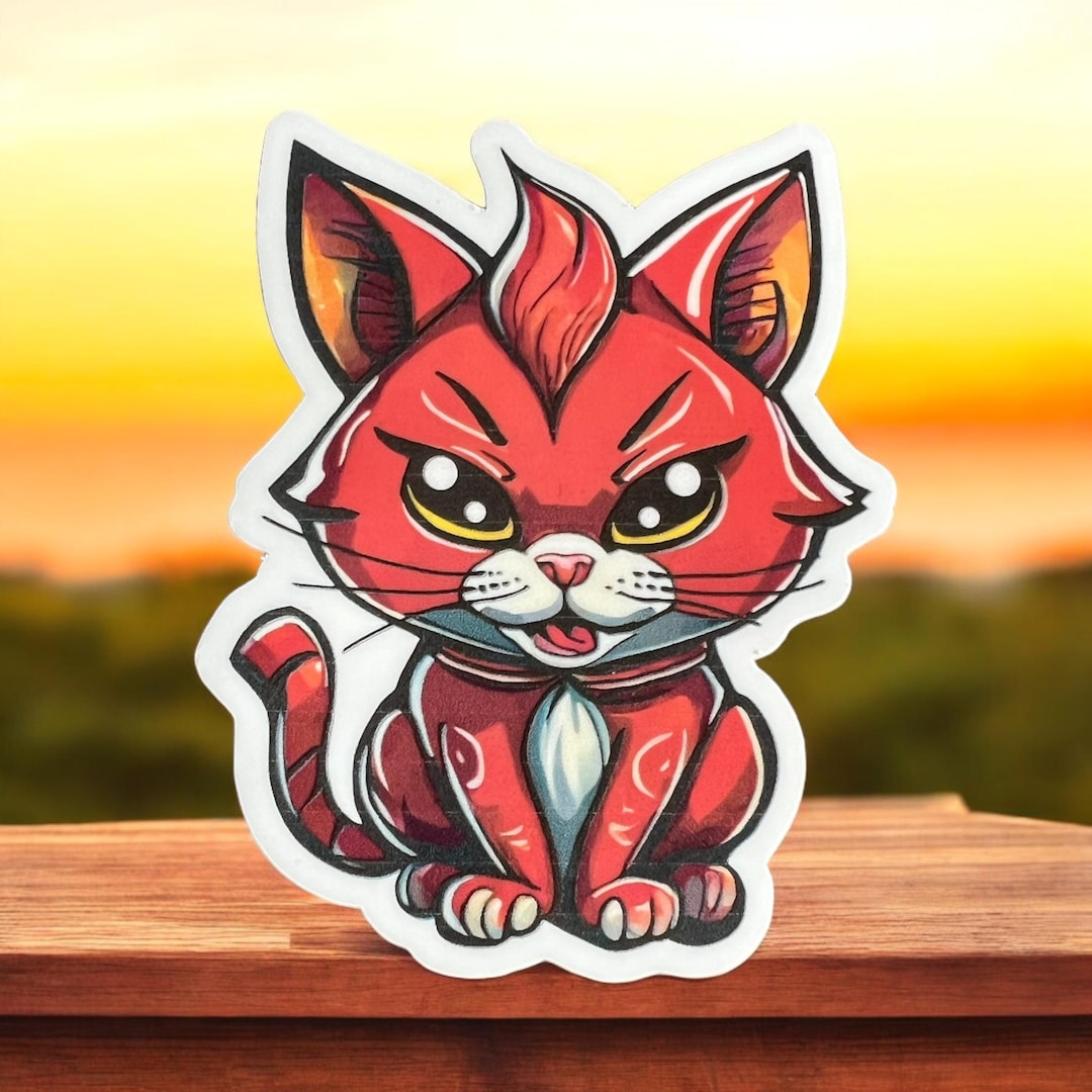 Mischievous Red Cat Sticker - Adorable and Devilish Design - Etsy