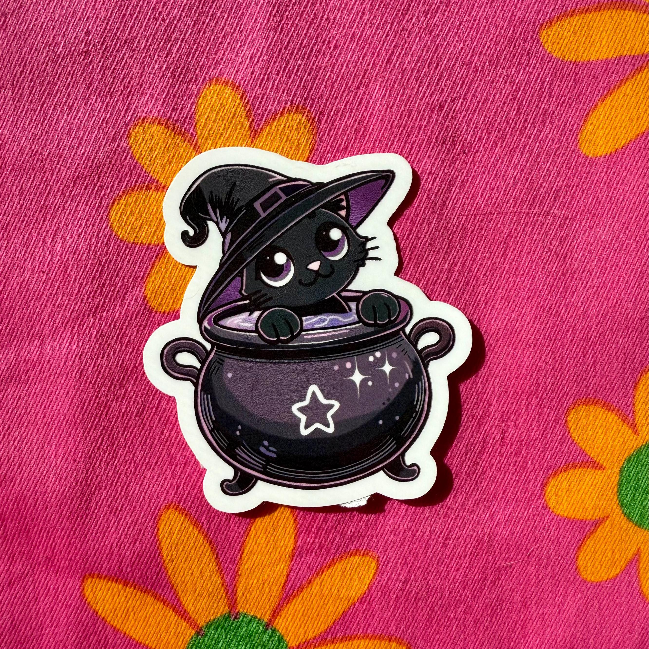 Spooky Black Cat Sticker Witch Hat & Cauldron Design | 3 Inch Sticker ...