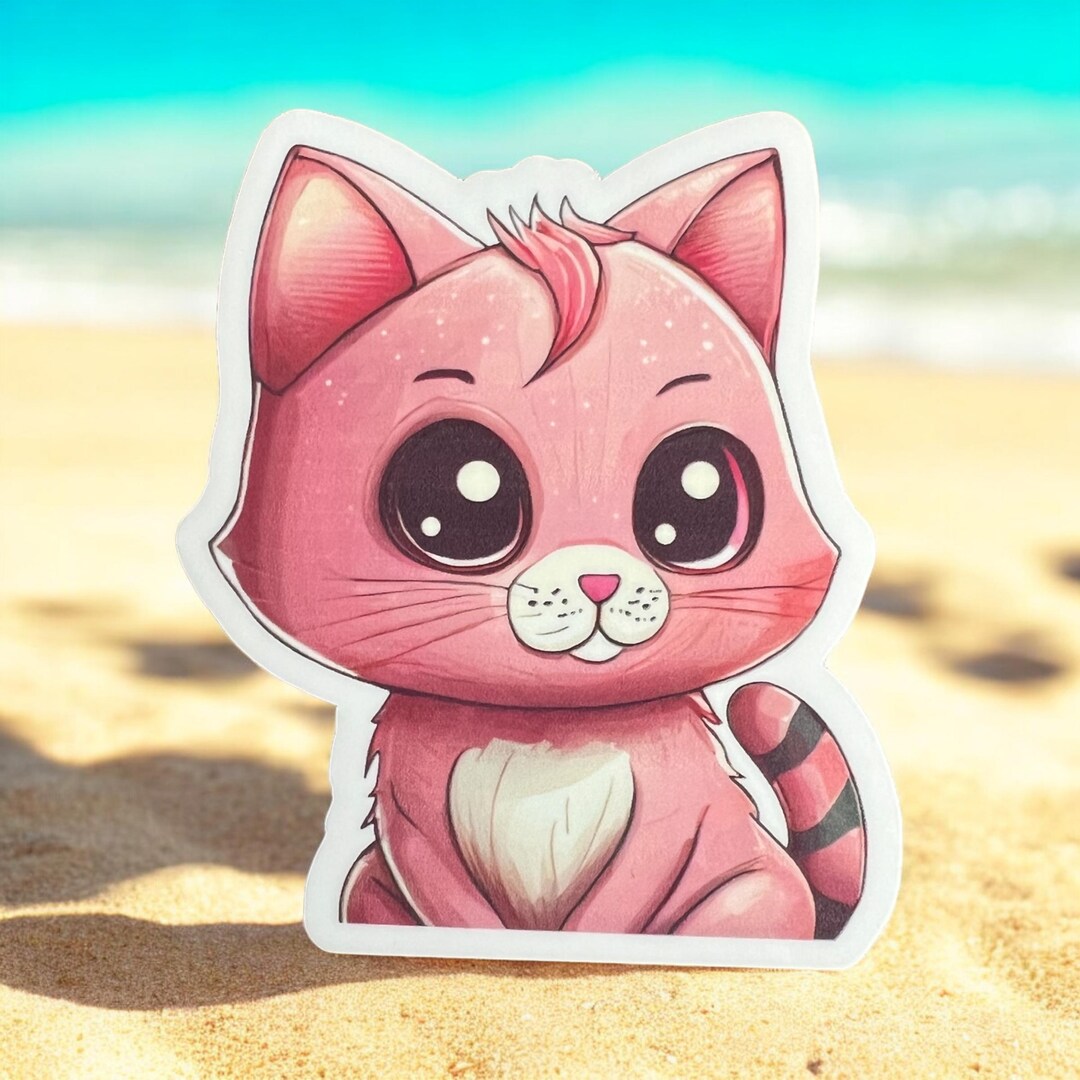 Adorable Pink Cat Sticker With Big Eyes - Cute Animal Decal for Laptops ...