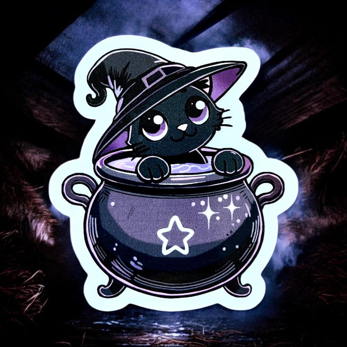 Spooky Black Cat Sticker Witch Hat & Cauldron Design | 3 Inch Sticker ...
