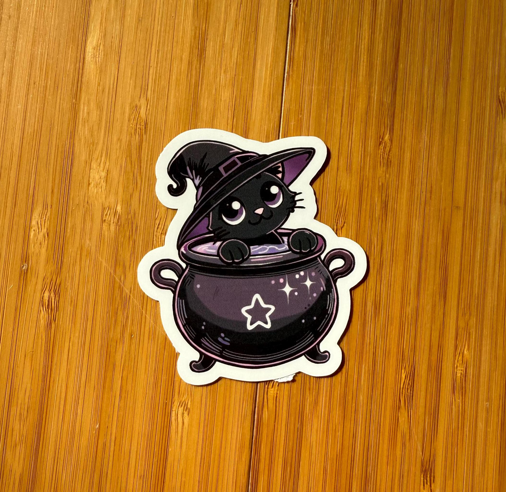 Spooky Black Cat Sticker Witch Hat & Cauldron Design | 3 Inch Sticker ...