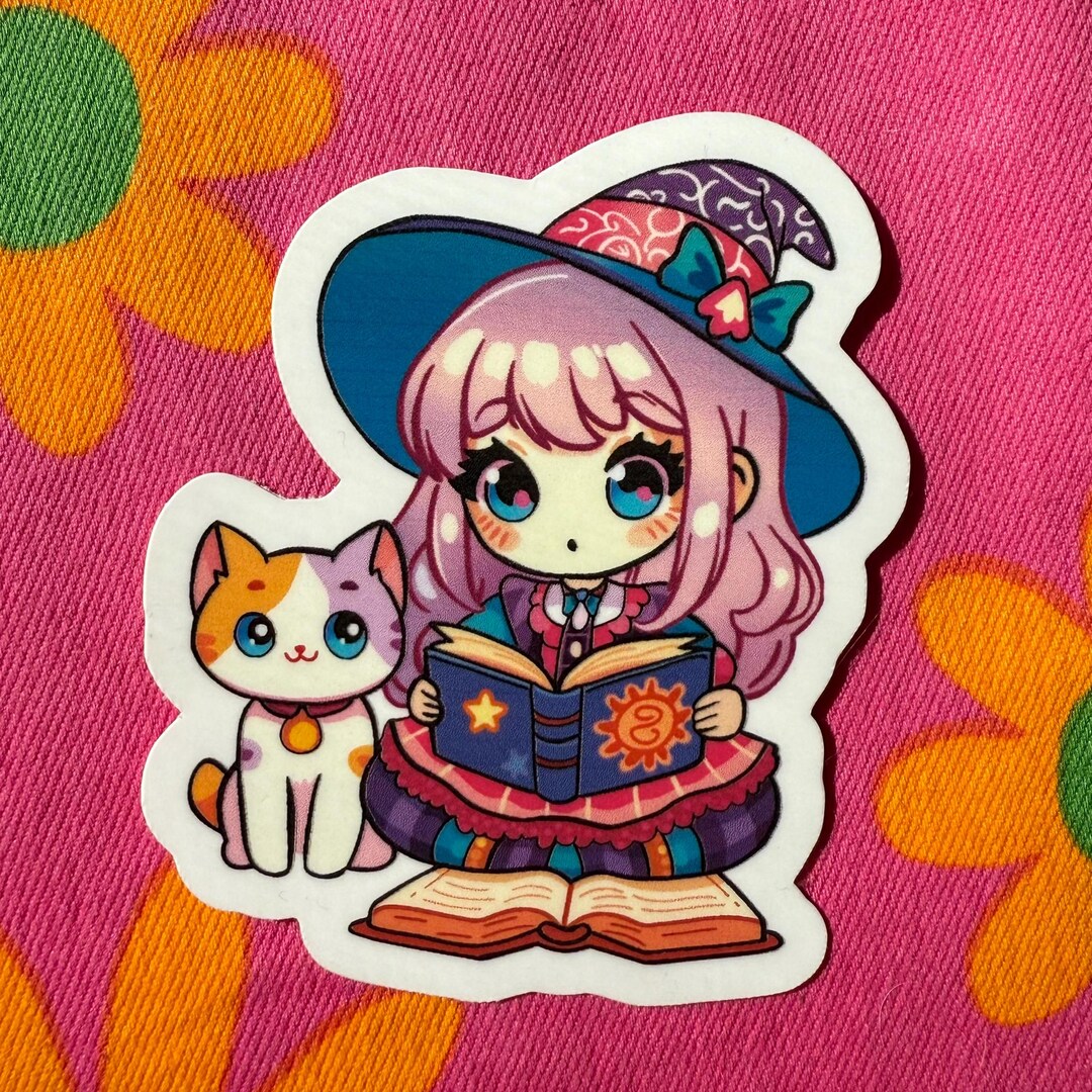 Colorful Witch and Cat Reading Sticker - Magical Decal for Book Lovers ...