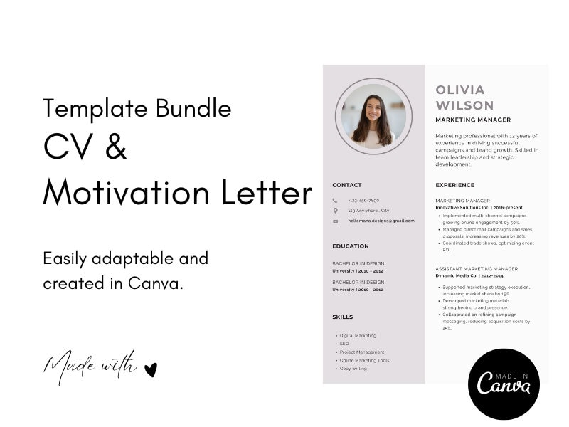 CV & Motivation Letter Bundle / Ready to Download / Canva Template - Etsy