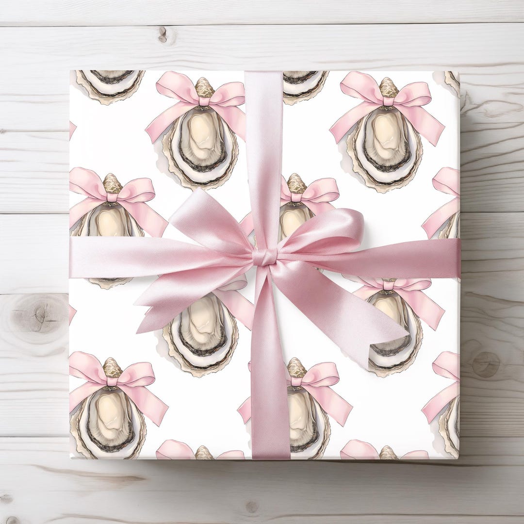Wrapping Paper - Oyster With Pink Bow, Seafood Gift Wrap for Birthday ...