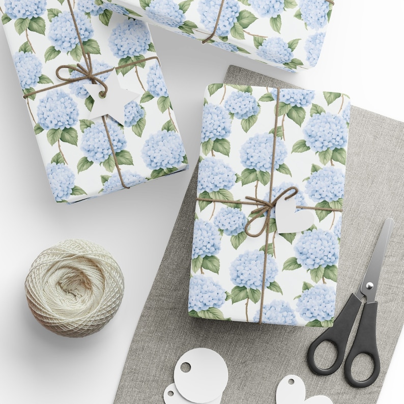 Blue Hydrangea Gift Wrap, Preppy Flower Wrapping Paper Wrap ...