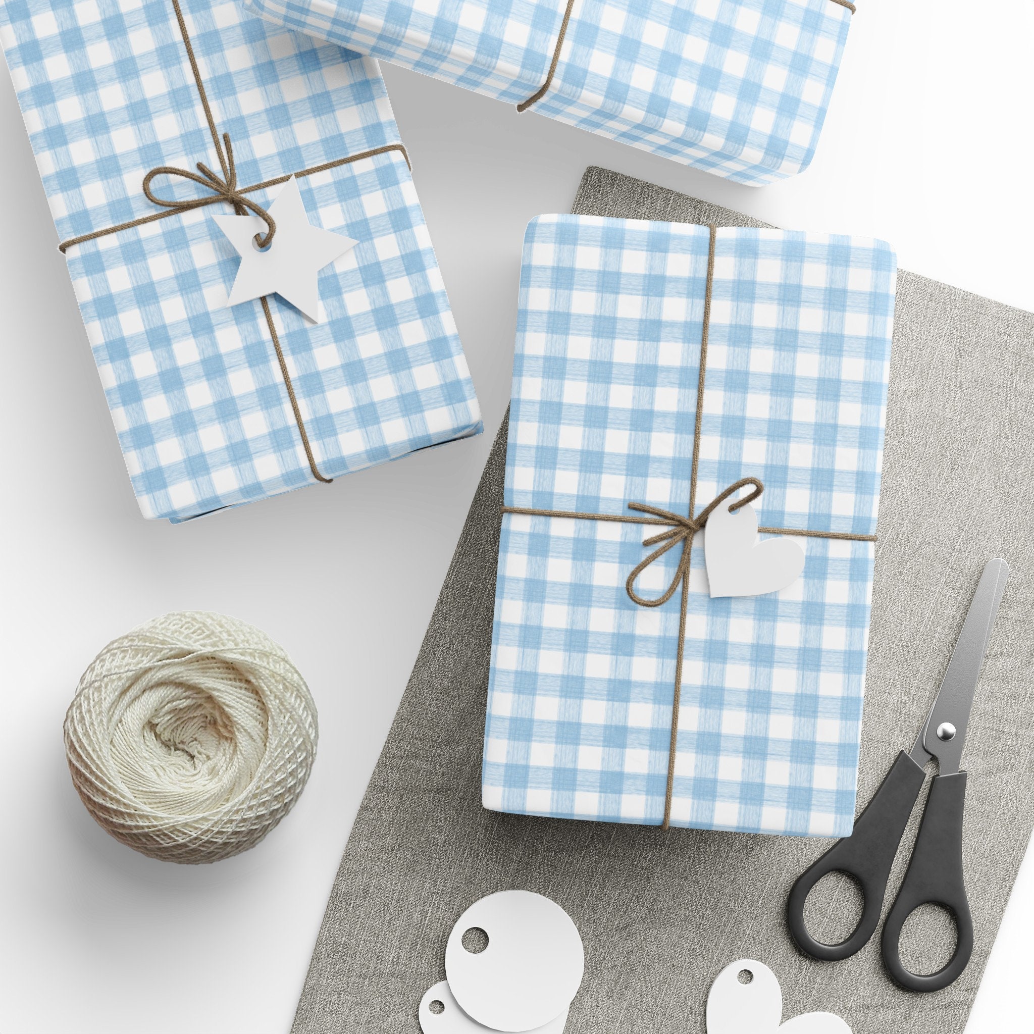 Blue Gingham Wrapping Paper, Gingham Gift Wrap, Baby Blue Paper, Gift ...