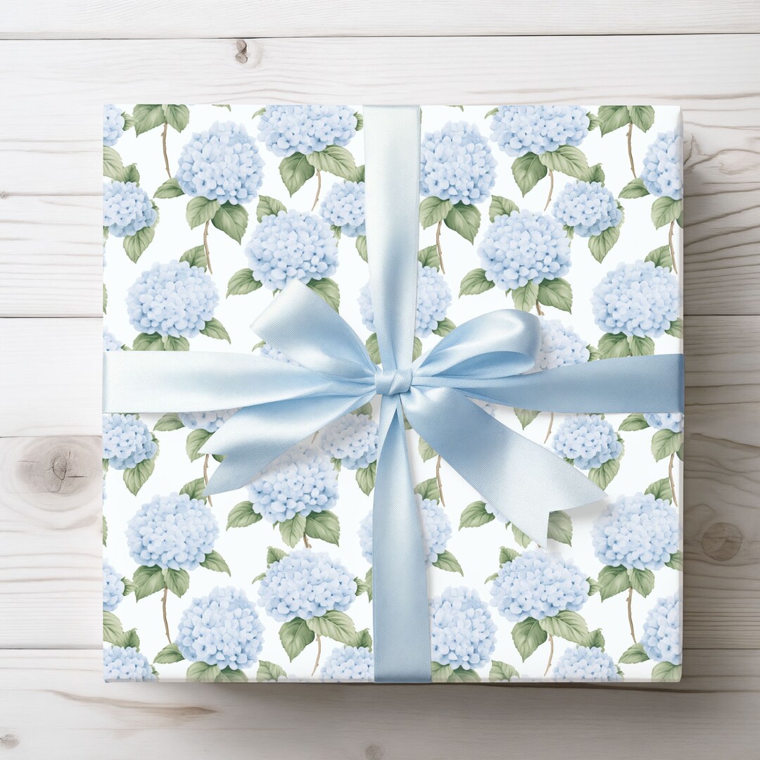 Blue Hydrangea Gift Wrap, Preppy Flower Wrapping Paper Wrap ...