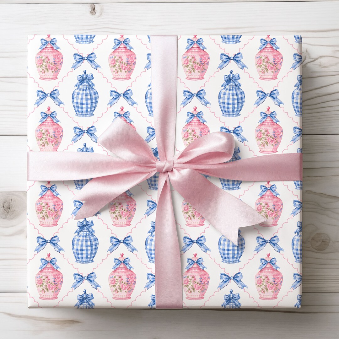 Pink and Blue Chinoiserie Ginger Jar Wrapping Paper, Preppy Gift ...