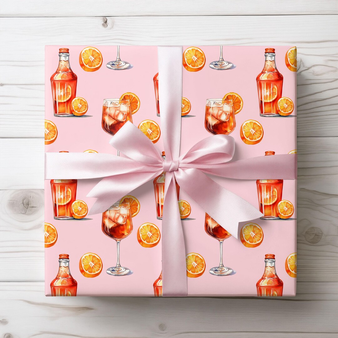 Aperol Spritz Cocktail Wrapping Paper, Festive Luxury Gift Wrap, Pink ...