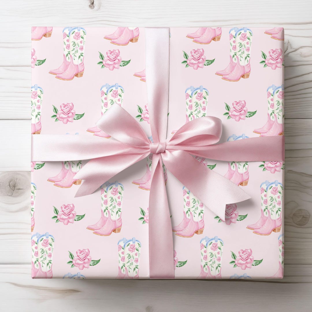 Cowboy Boot, Cowgirl Boot Wrapping Paper, Preppy Roll Wrap, Pink ...