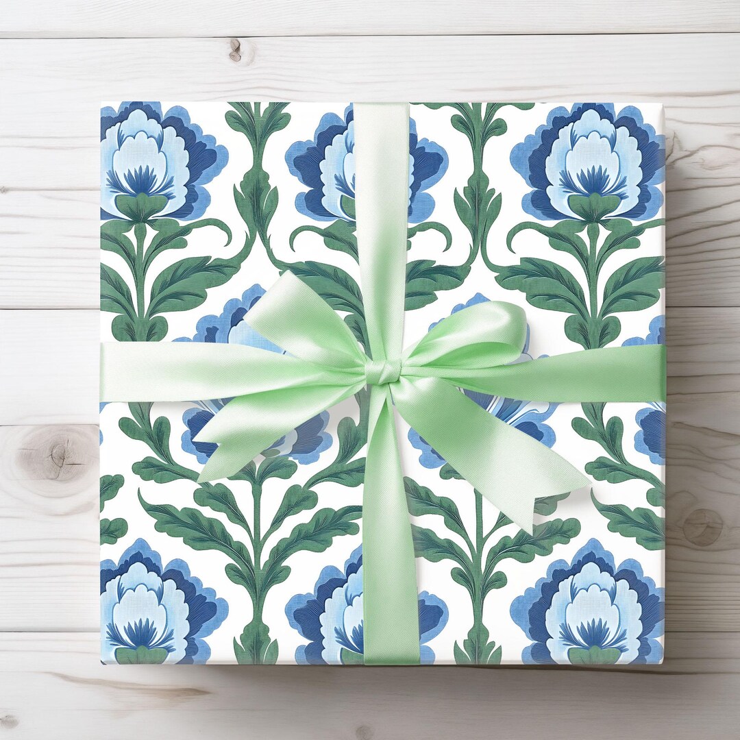 Wrapping Papers, Blue and Green Block Print Floral Gift Wrap for ...