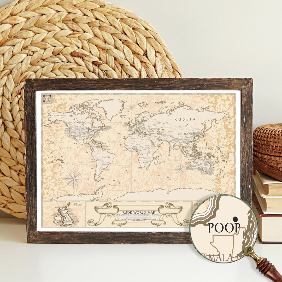 Rude World Map, Explore the World's Funniest Place Names, Funny Wall ...