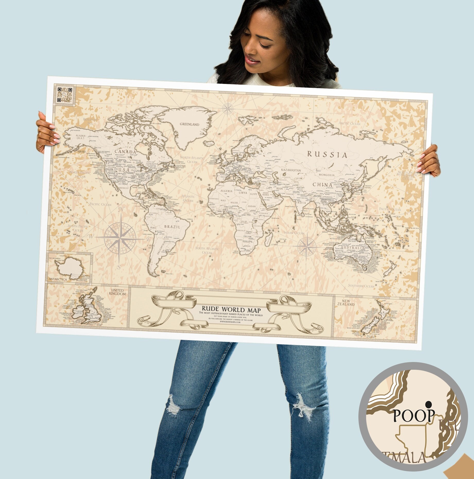 Rude World Map, Explore the World's Funniest Place Names, Funny Wall ...