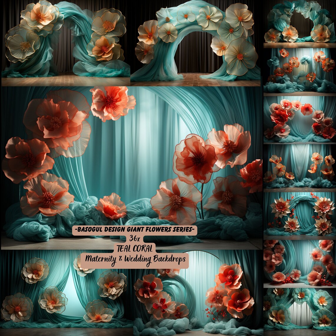 Teal Coral Maternity Digital Backdrop Photography Background Wedding ...