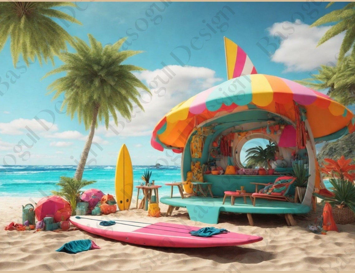 Tropical Beach Digital Backdrop Surf Boards Relaxing Chair Colorful ...
