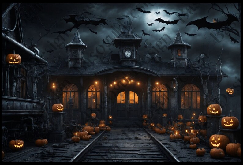 Halloween Backdrop Haunted Train Station: "halloween DIGITAL Backdrop ...