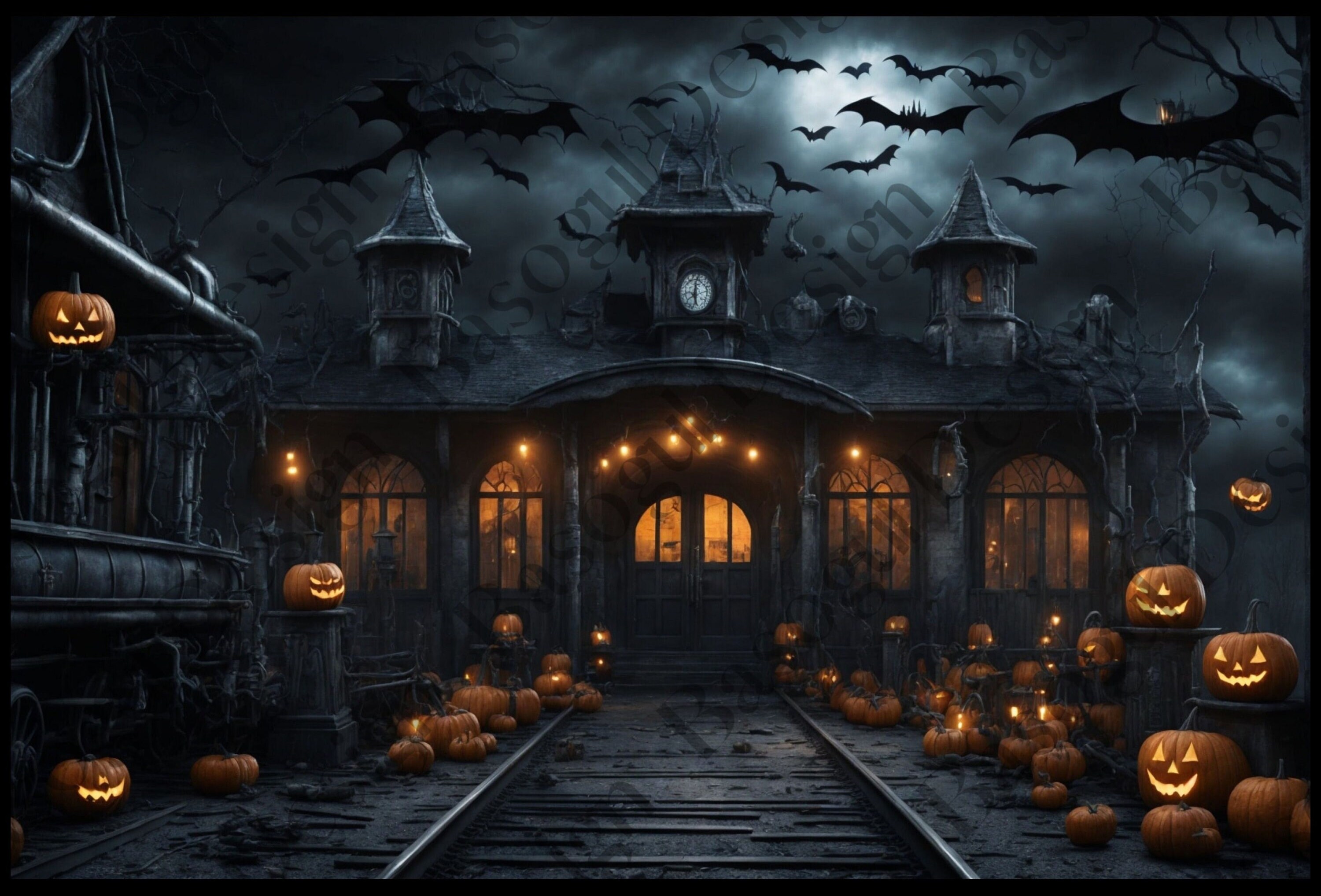Halloween Backdrop Haunted Train Station: "halloween DIGITAL Backdrop ...