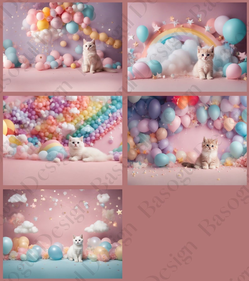 Kitten Birthday Party Digital Backdrop Kitty Background Photography ...