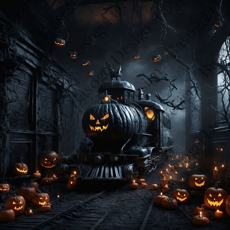 Halloween Backdrop Haunted Train Station: "halloween DIGITAL Backdrop ...