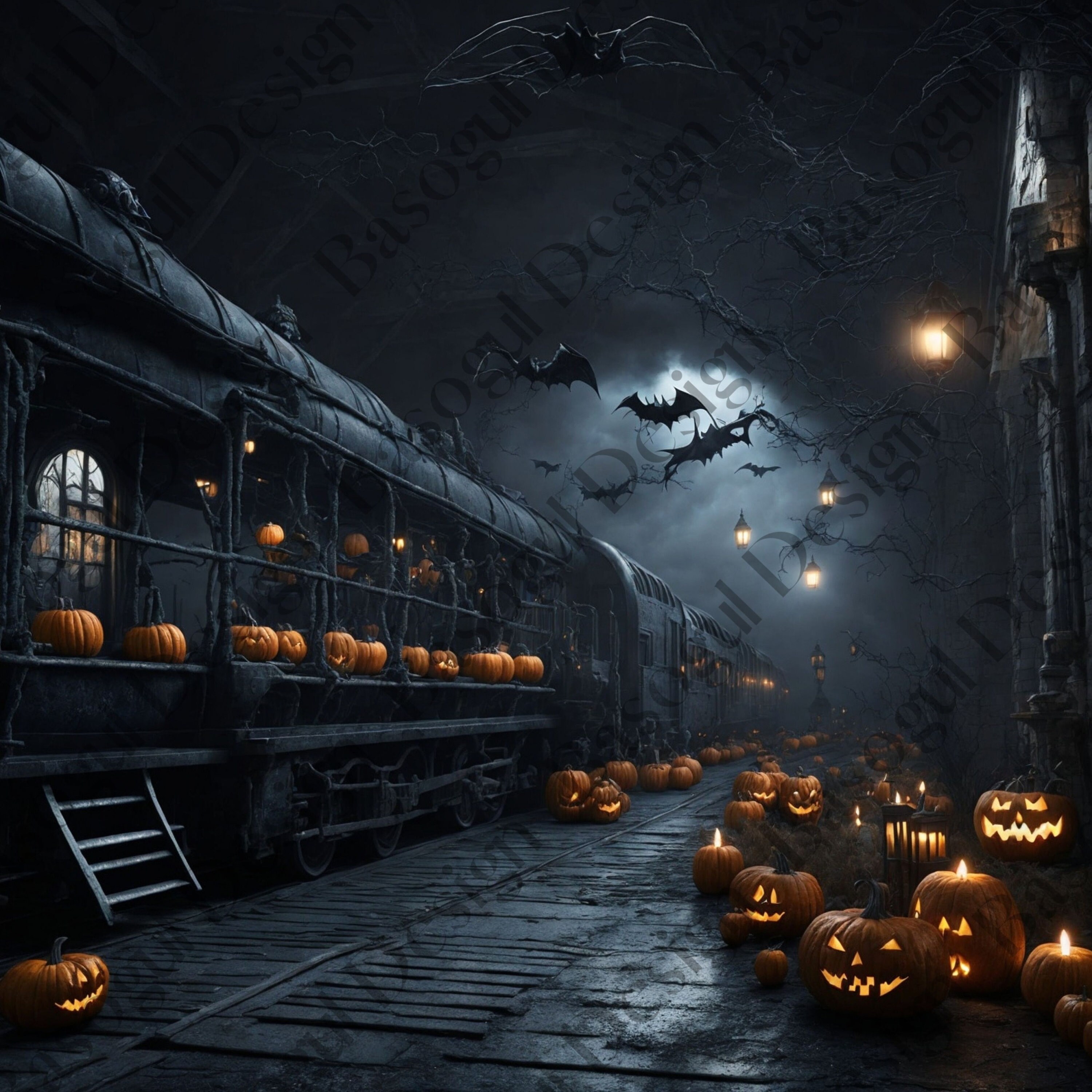 Halloween Backdrop Haunted Train Station: "halloween DIGITAL Backdrop ...
