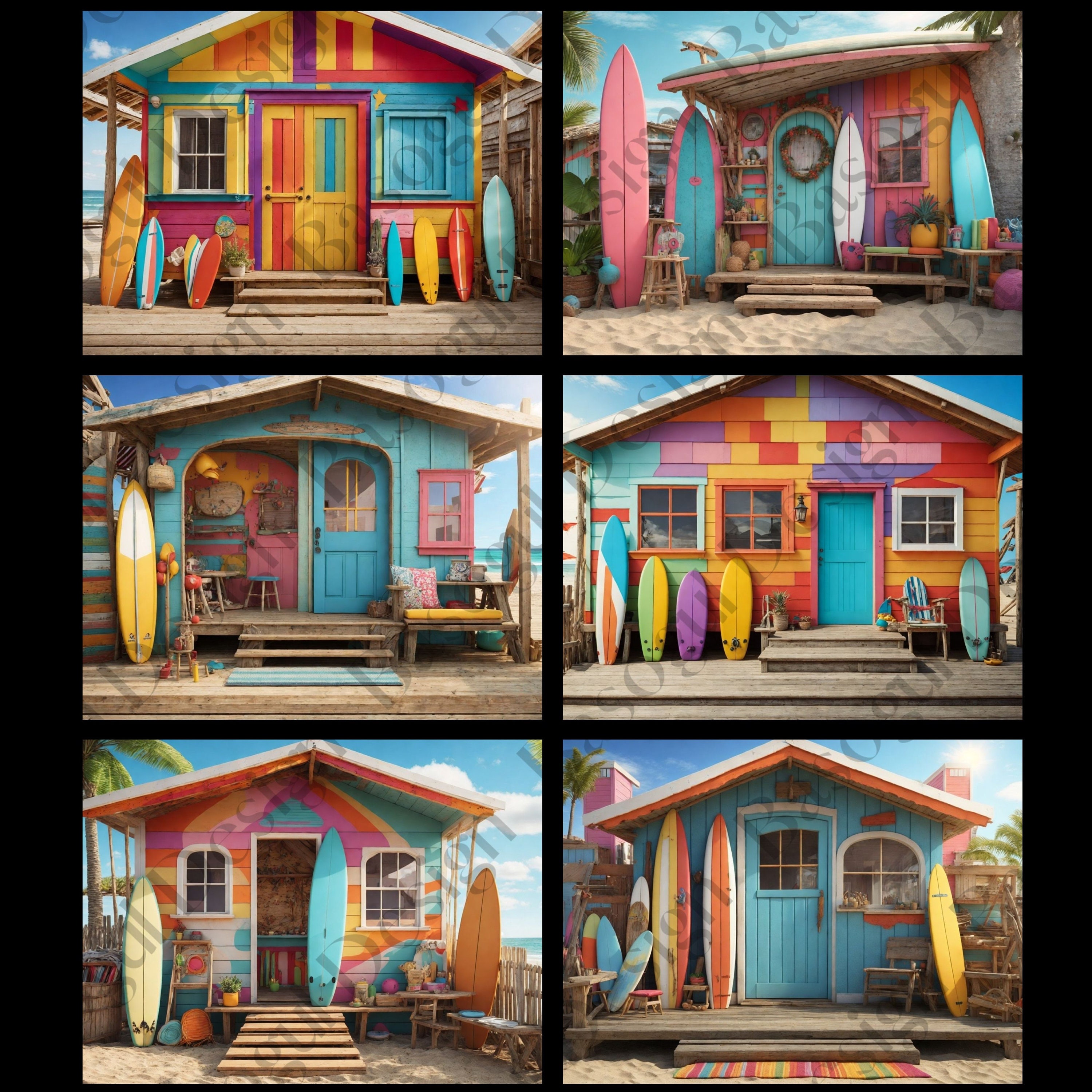 Tropical Beach Digital Backdrop Shuck Surfboard Colorful Summer ...