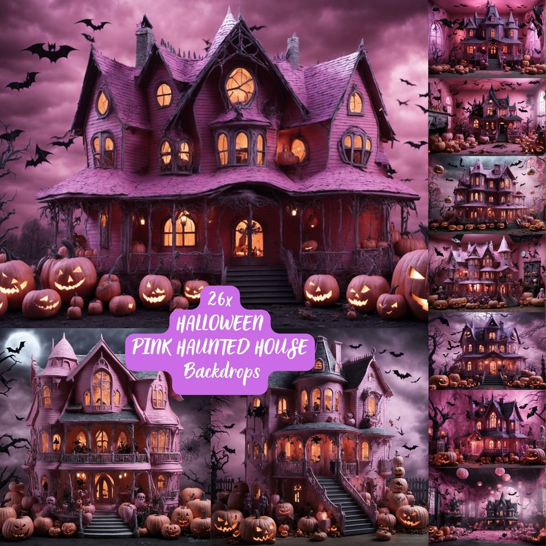 Halloween Backdrop Pink Haunted House Party Decor Kids Digital ...