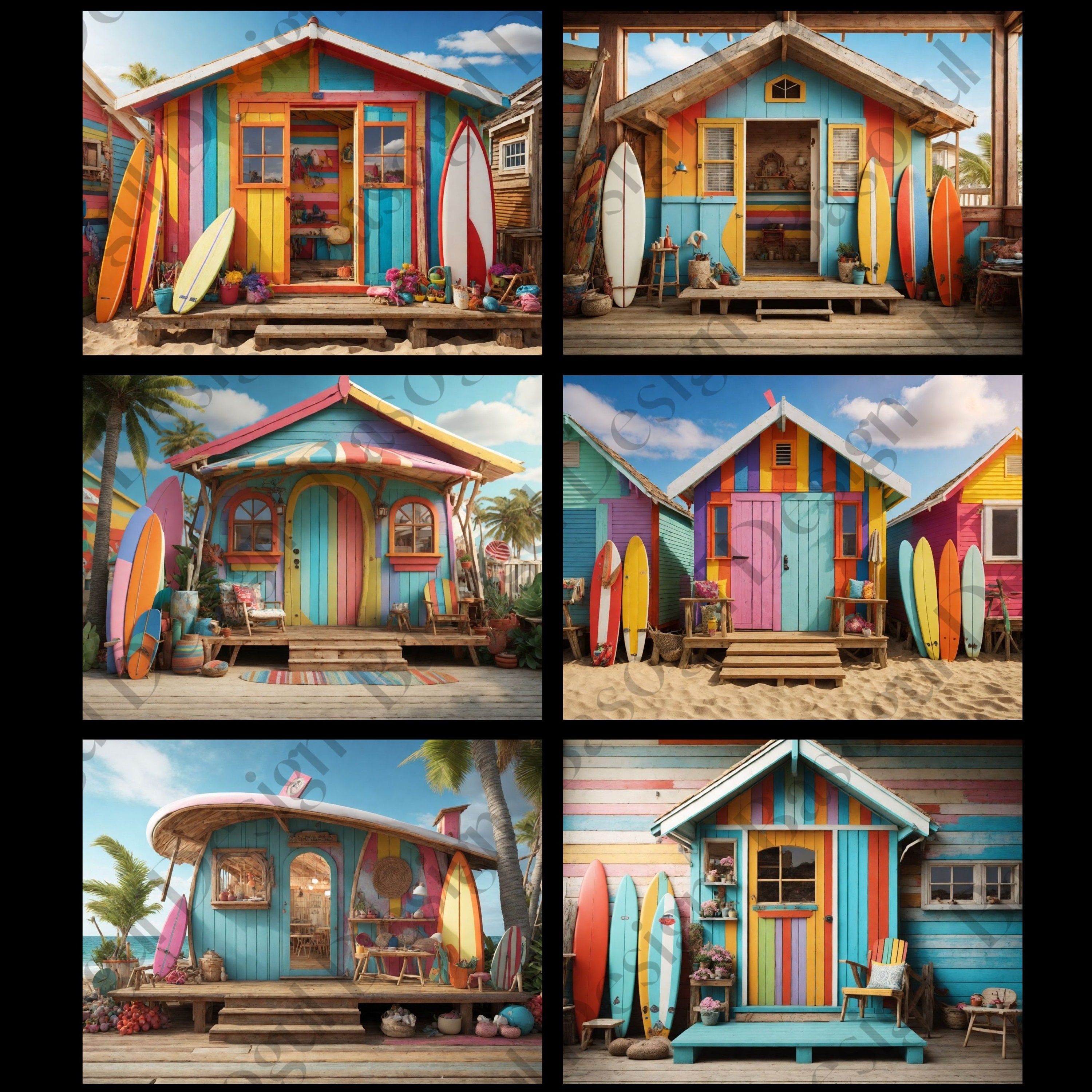 Tropical Beach Digital Backdrop Shuck Surfboard Colorful Summer ...