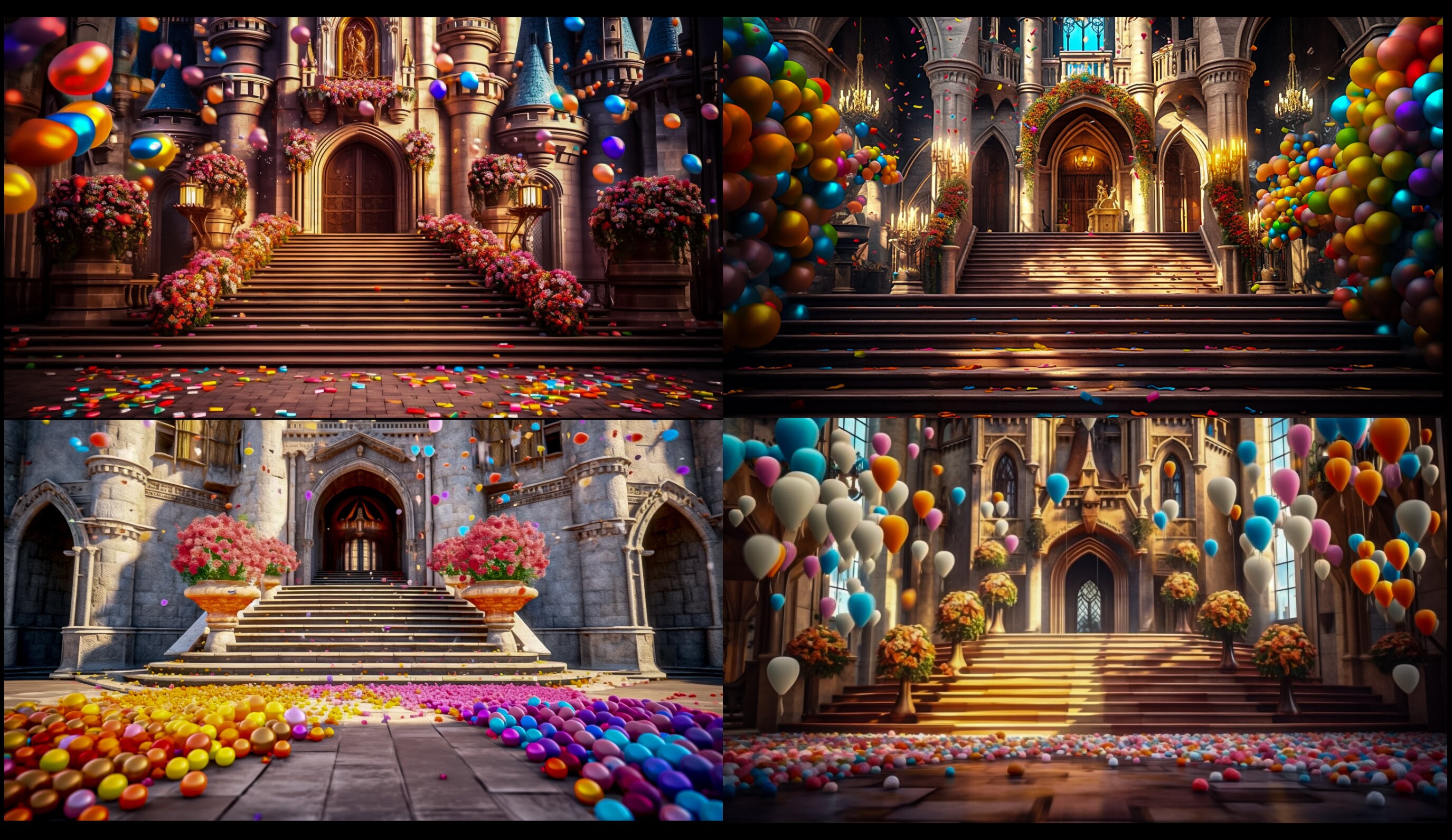 Princess Castle Staircase Backdrop, Colorful Balloons, Castle Stairs ...