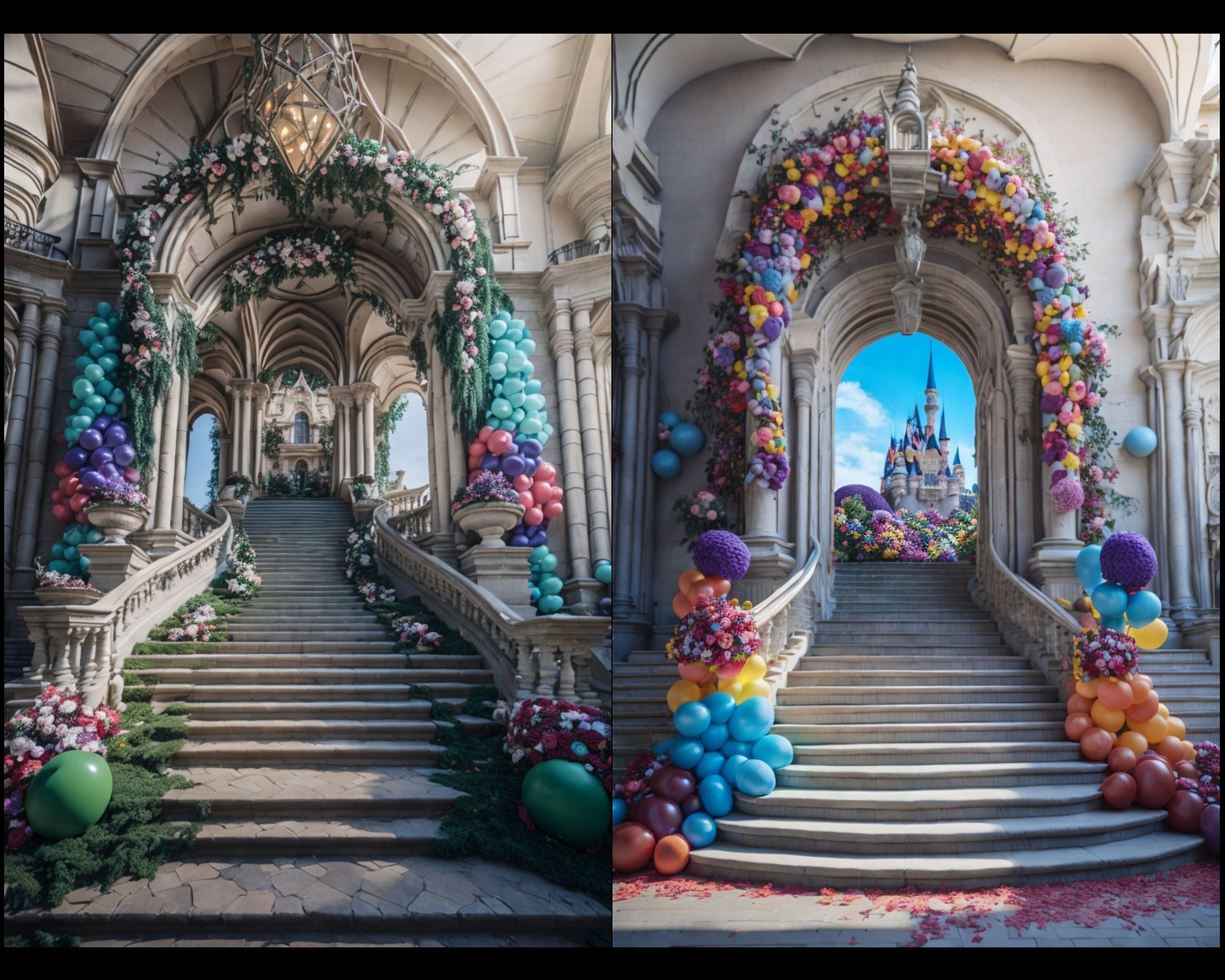 Princess Castle Staircase Backdrop, Palace, Balloons, Portrait Digital ...