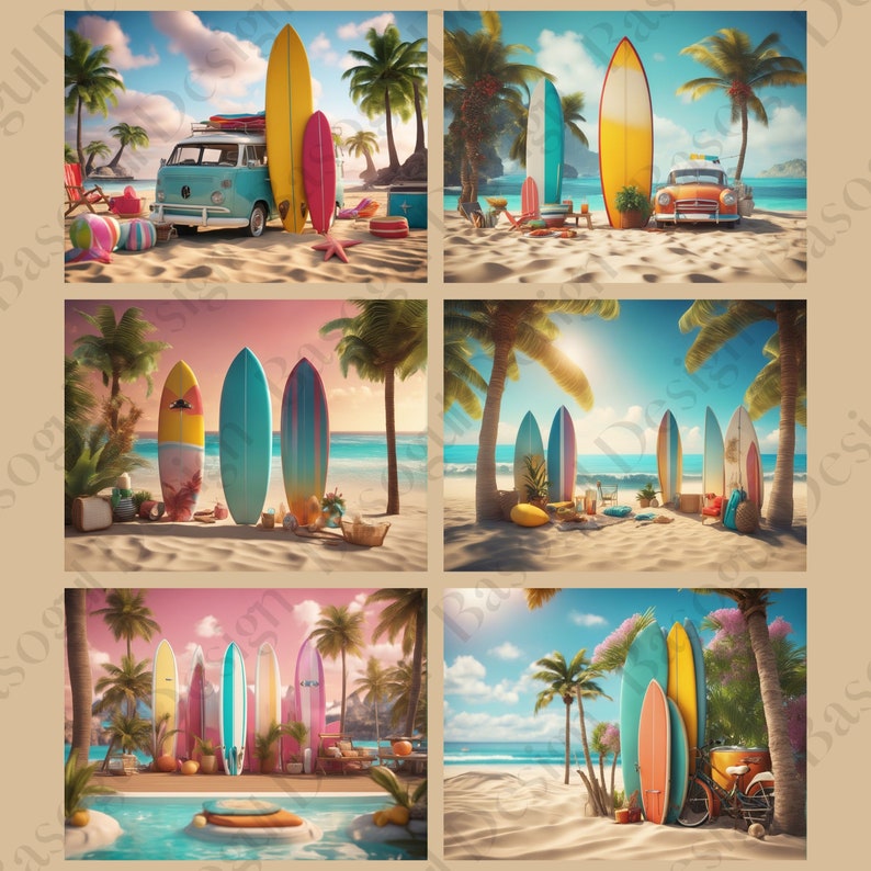 Tropical Beach Digital Backdrop Surf Boards Relaxing Chair Colorful ...