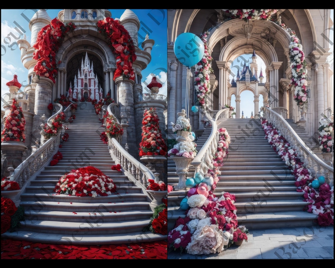 Princess Castle Staircase Backdrop, Palace, Balloons, Portrait Digital ...