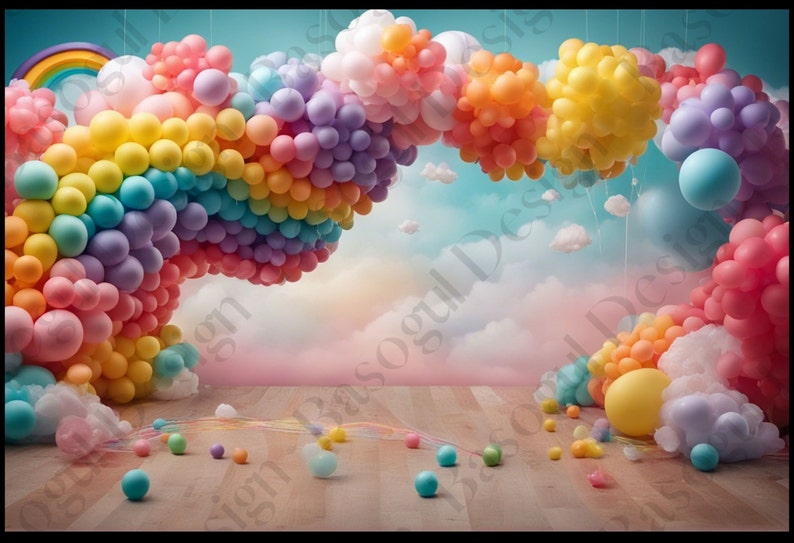 Rainbow Balloons Digital Party Backdrop Photography Background Birthday ...