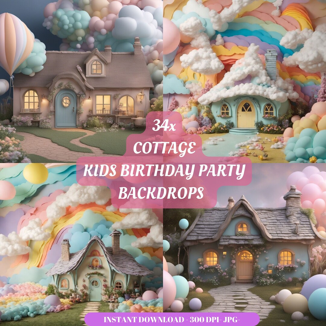 Birthday Party Digital Backdrop Cottage Balloons Backdrop Photography ...