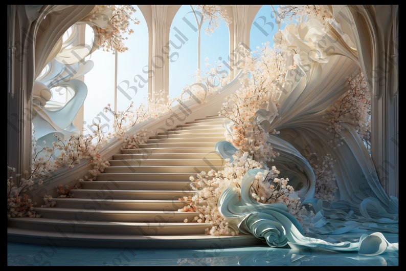 Staircase Wedding Digital Backdrop, Abstract Floral Staircase ...