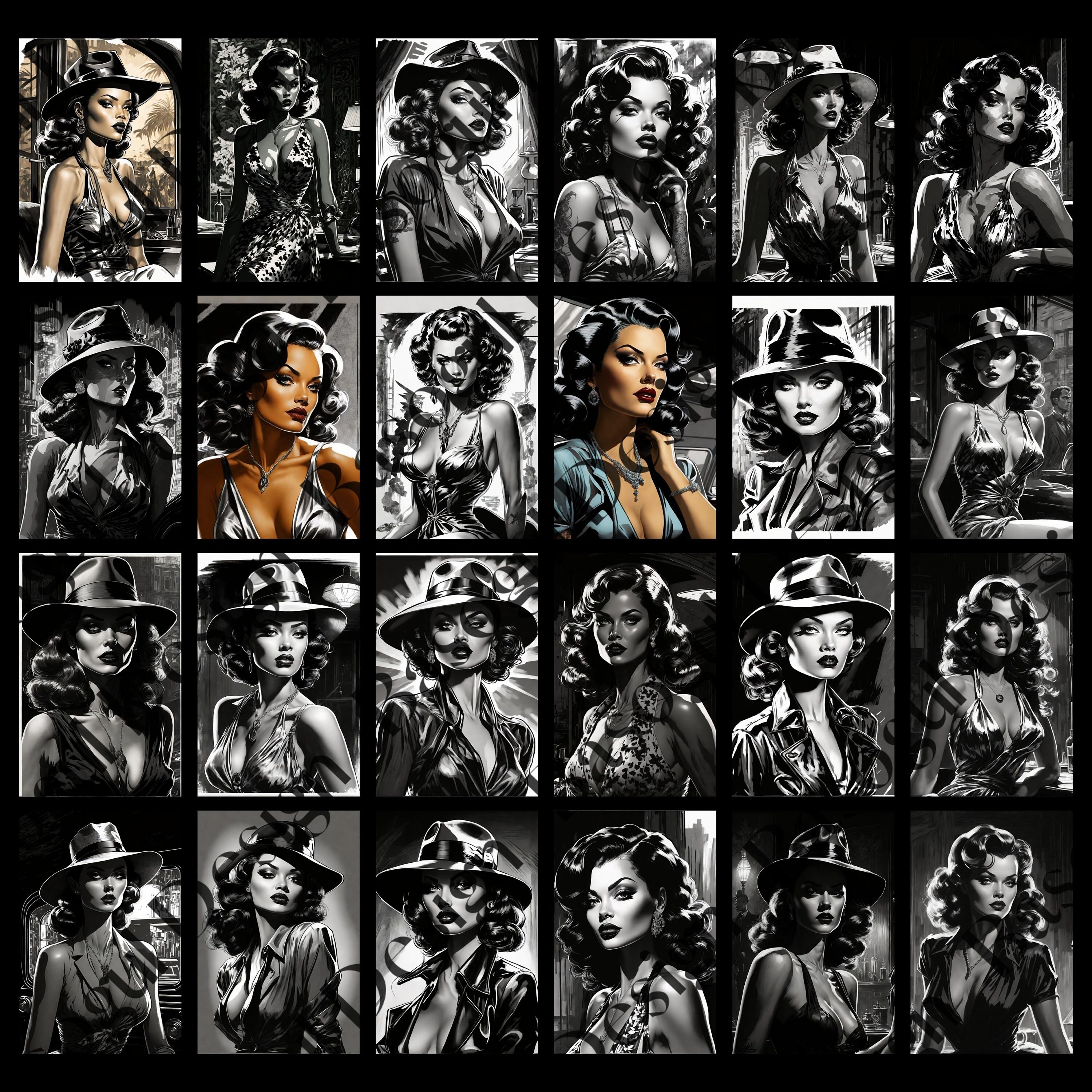 Femme Fatale Woman Clipart Film Noir Black And White Pin Up Etsy