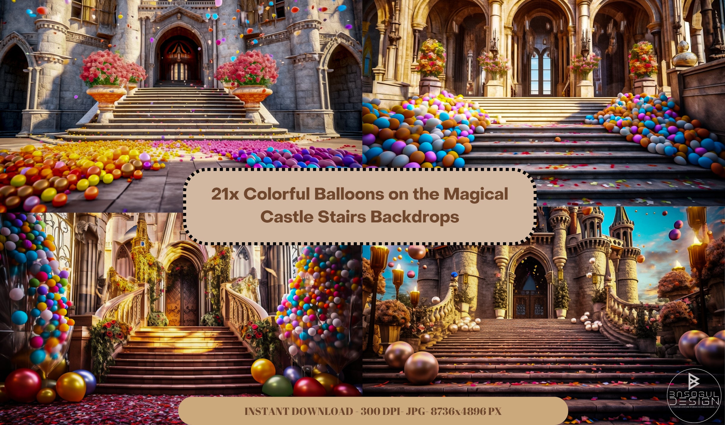 Princess Castle Staircase Backdrop, Colorful Balloons, Castle Stairs for Kids Portrait, Magical ...