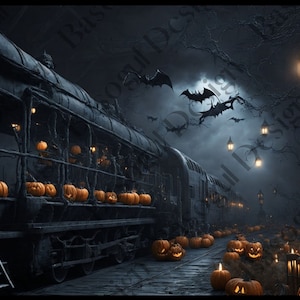 Halloween Backdrop Haunted Train Station: "halloween DIGITAL Backdrop ...