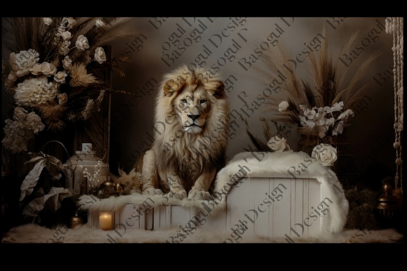 Lion Newborn Digital Backdrop, Boho Lion Newborn Prop, Boho Baby Girl ...