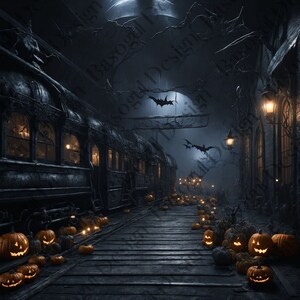 Halloween Backdrop Haunted Train Station: "halloween DIGITAL Backdrop ...