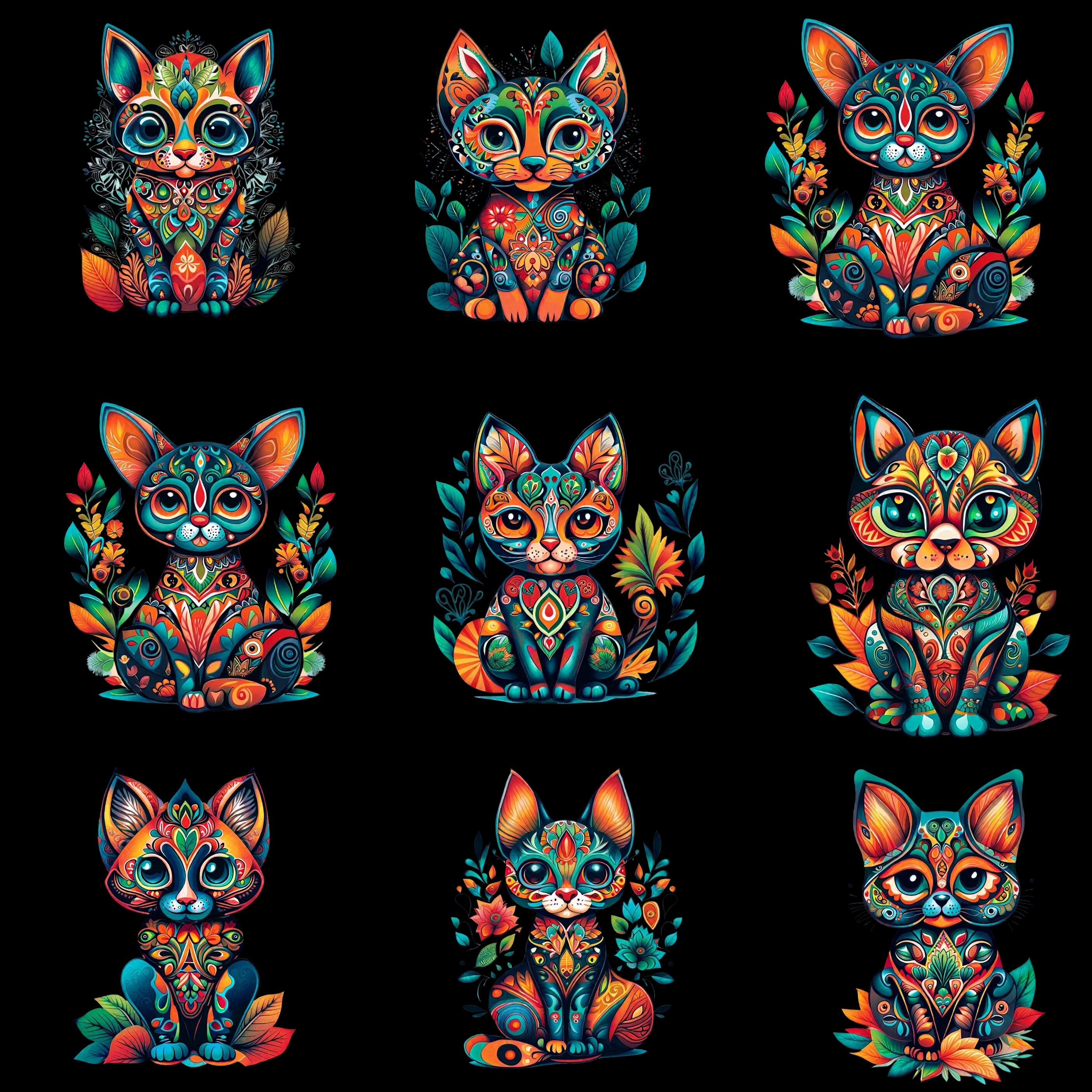 Cat Clipart Mexican Art, Cat Drawing Clipart, Colorful Cat Clipart ...