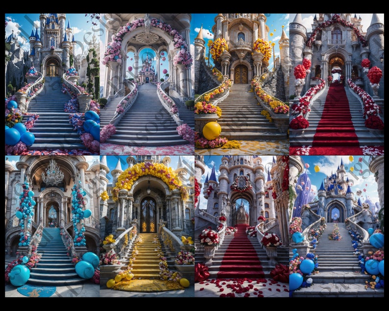 Princess Castle Staircase Backdrop, Palace, Balloons, Portrait Digital ...