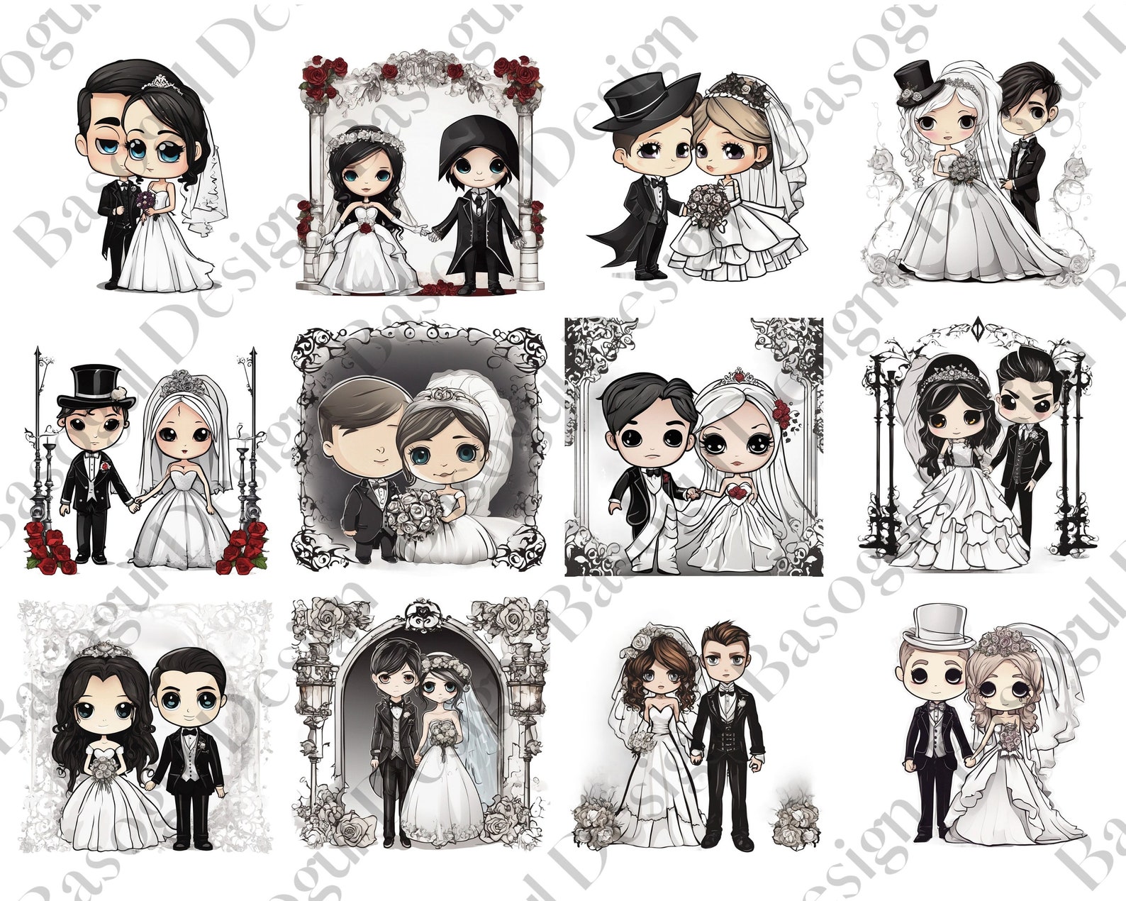 Gothic Chibi Wedding Clipart Gothic Bride Groom Clipart - Etsy