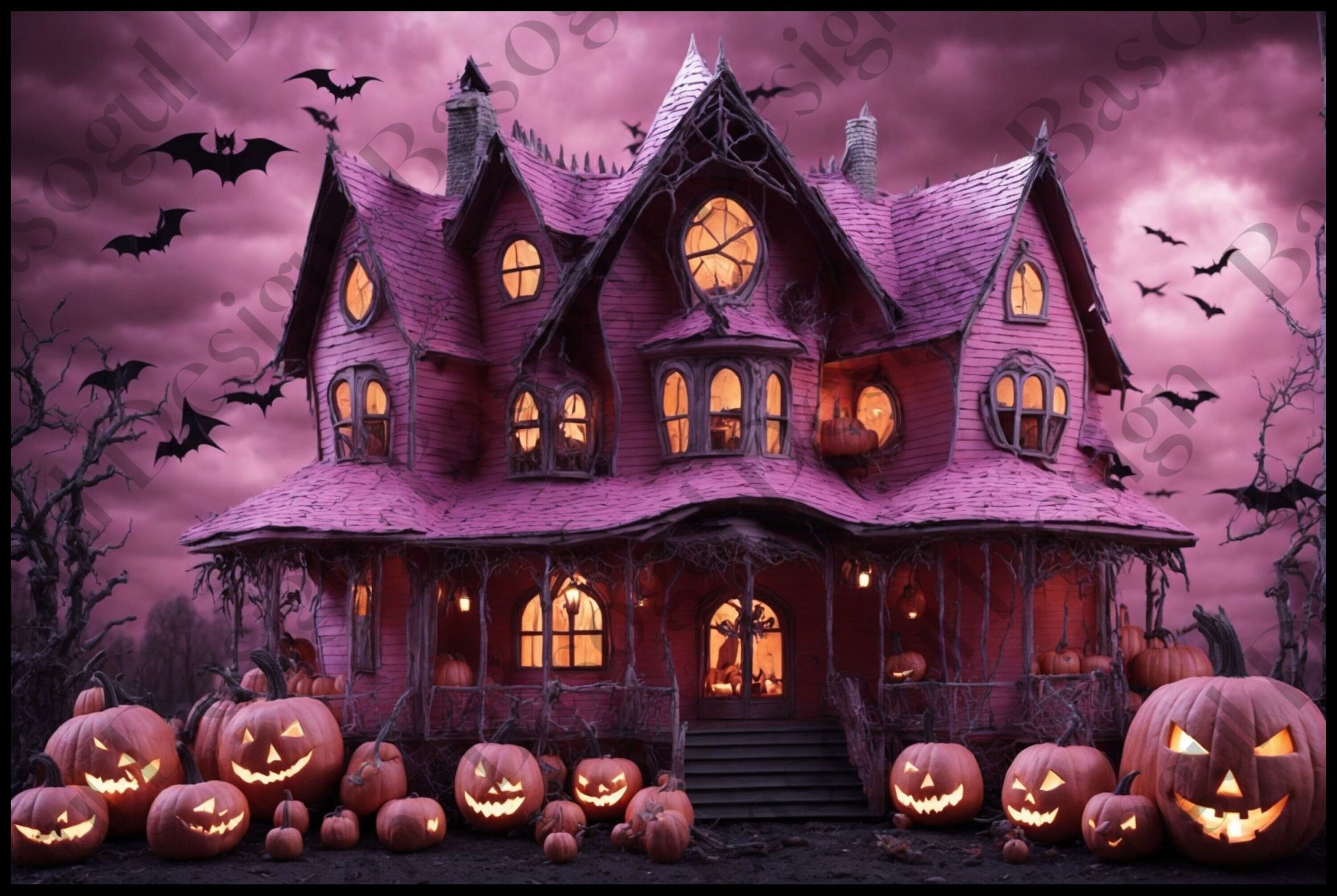 Halloween Backdrop Pink Haunted House Party Decor Kids Digital ...