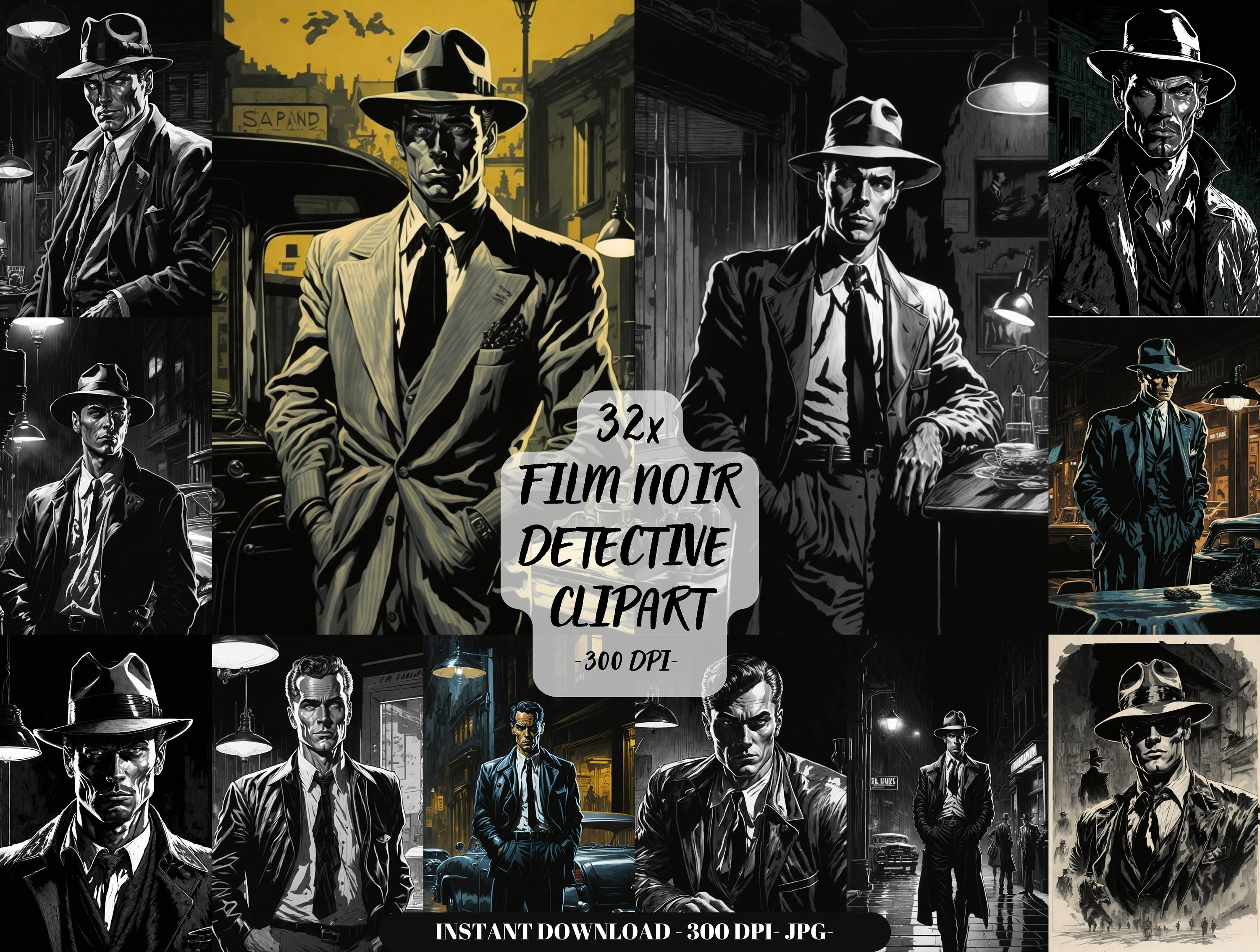 Film Noir Detective Clipart Retro Black White Clipart Movie ...