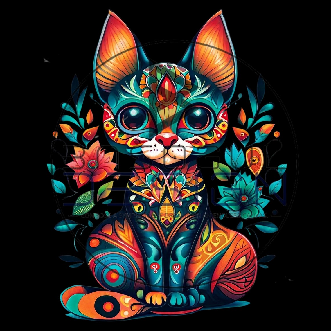 Cat Clipart Mexican Art, Cat Drawing Clipart, Colorful Cat Clipart ...