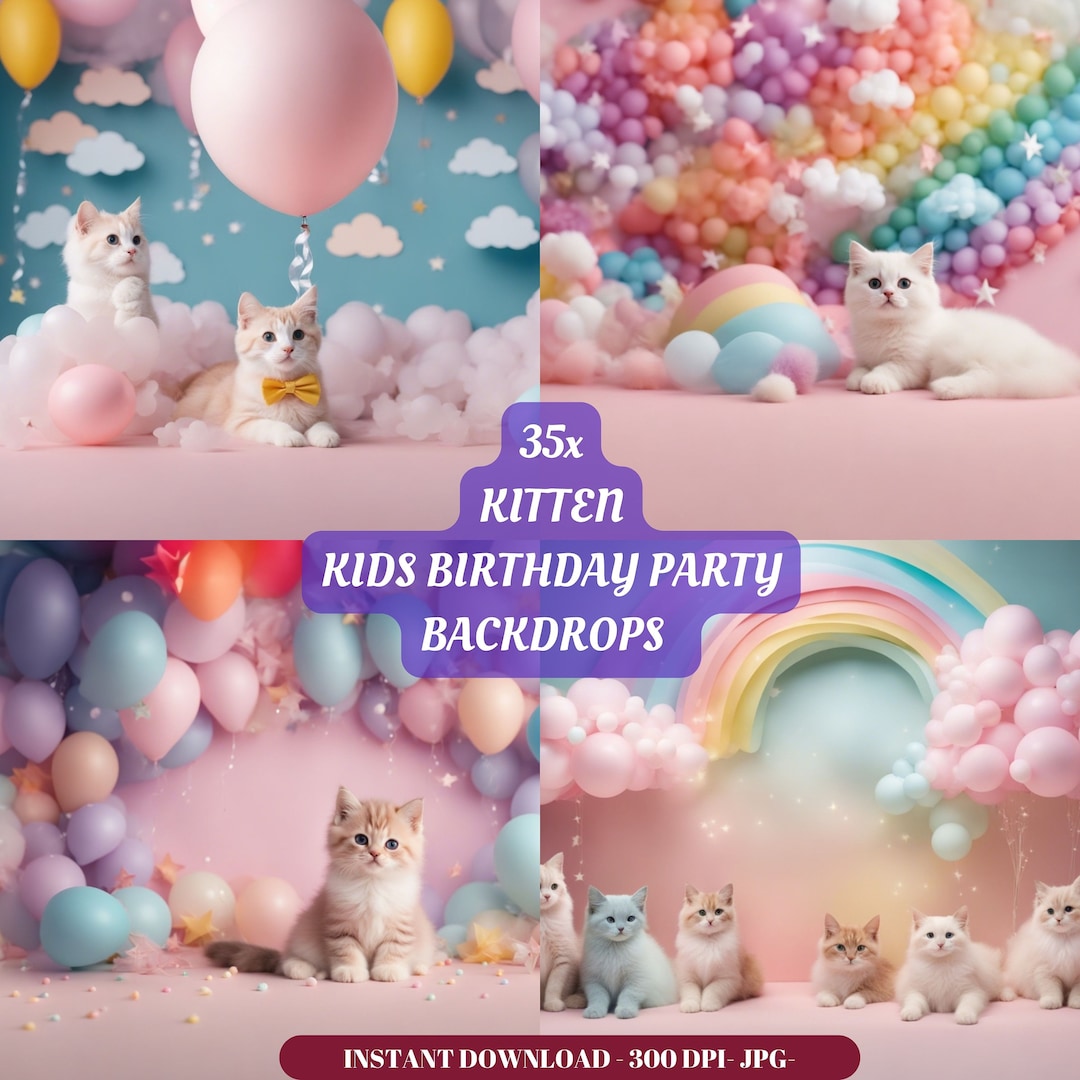 Kitten Birthday Party Digital Backdrop Kitty Background Photography ...