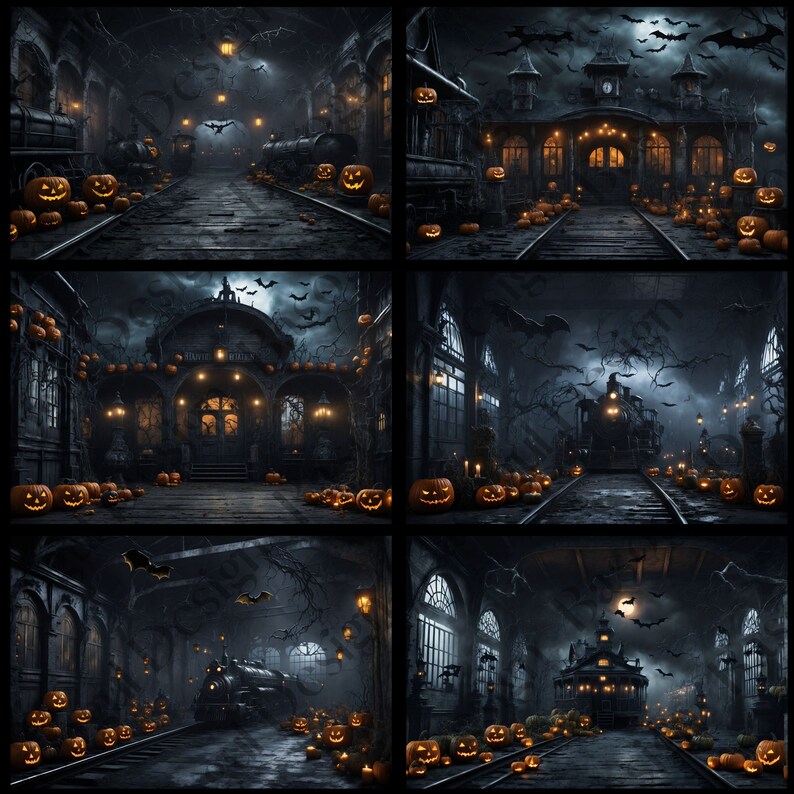 Halloween Backdrop Haunted Train Station: "halloween DIGITAL Backdrop ...